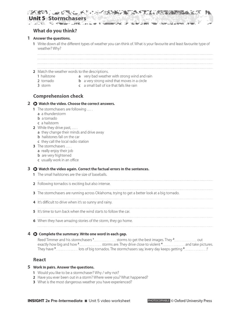 Insight2e Preint Documentary Video Worksheet U5 | PDF | Tornadoes | Hail