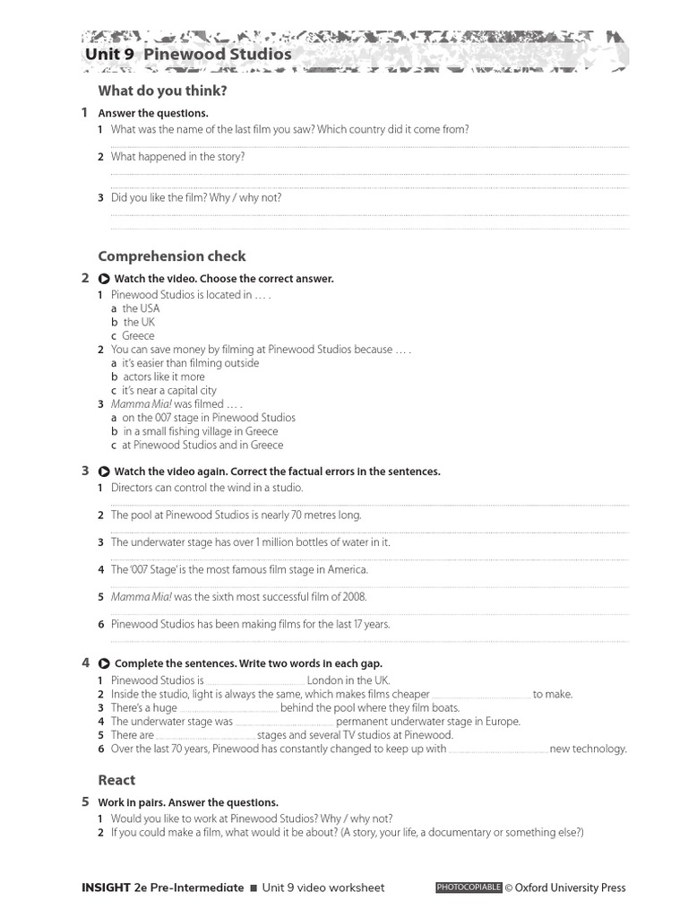 Insight2e Preint Documentary Video Worksheet U9 | PDF | Filmmaking