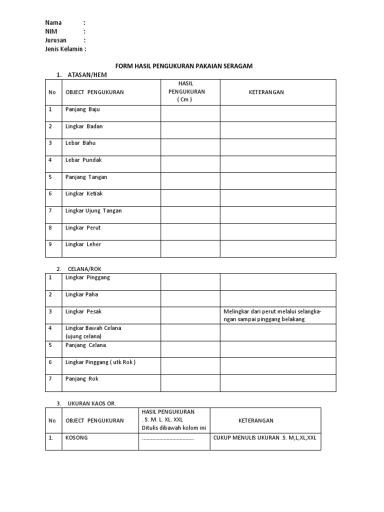 Form Pengukuran Pakaian | PDF