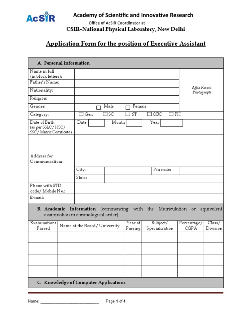 Executive Assistant Application Form | PDF | Information