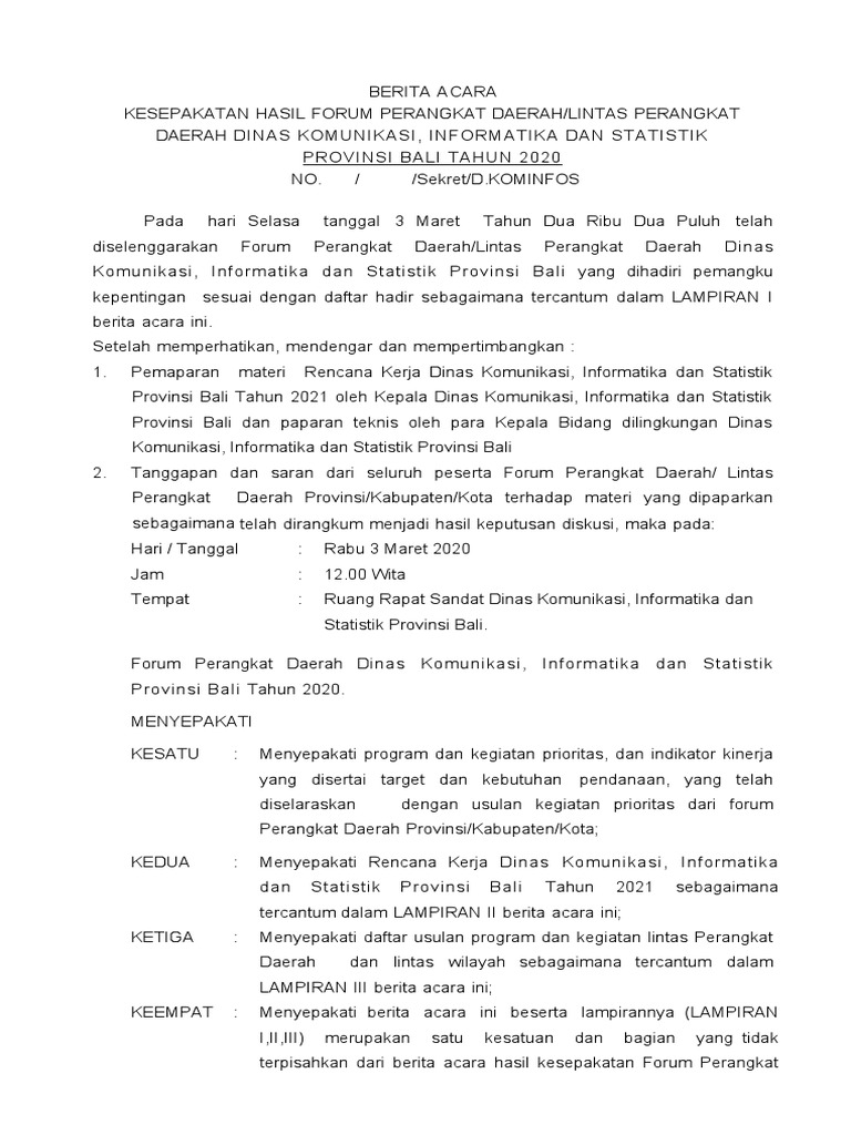 Format Berita Acara Kesepakatan Hasil Forum Perangkat Daerah1 | PDF