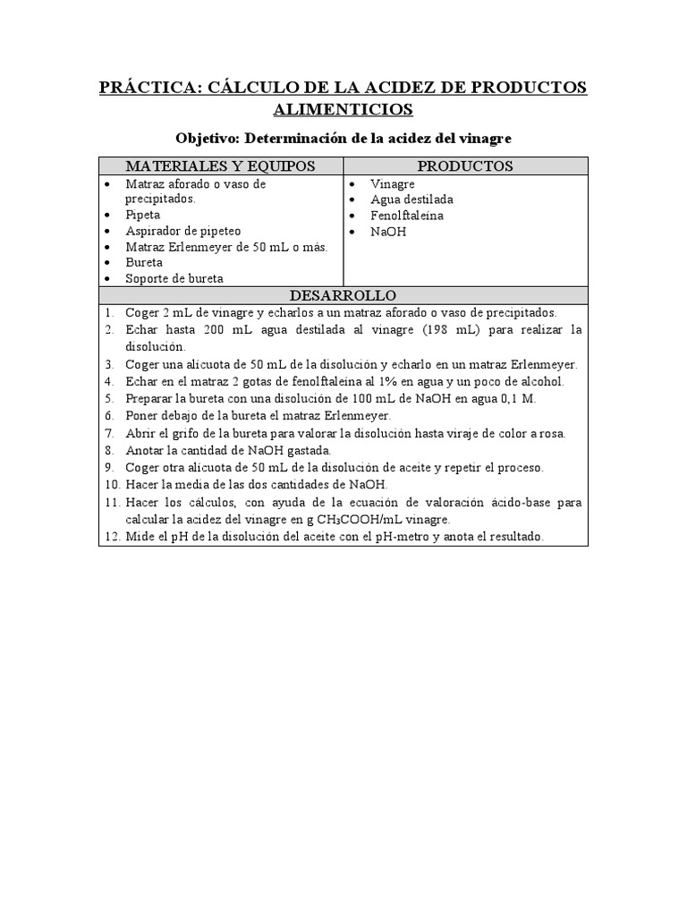 Determinación de la acidez del vinagre mediante valoración ácido-base | PDF Determinación de la acidez del vinagre mediante valoración ácido-base | PDF