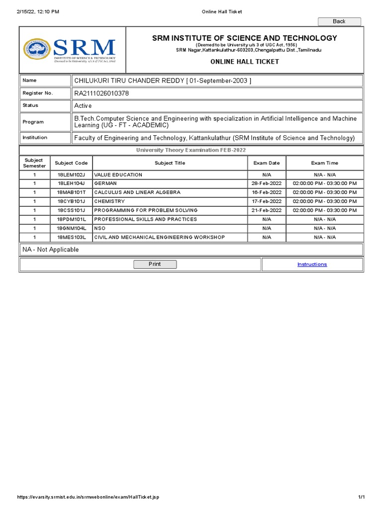 Online Hall Ticket | PDF | Engineering | Cognitive Science