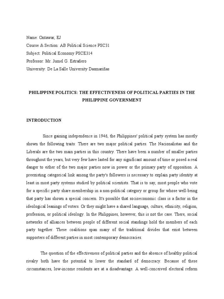 Philippine Politics - The Effectiveness of Political Parties in The ...