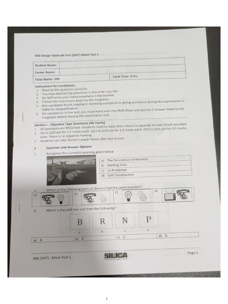 NID Mock Test 1 (GAT) | PDF