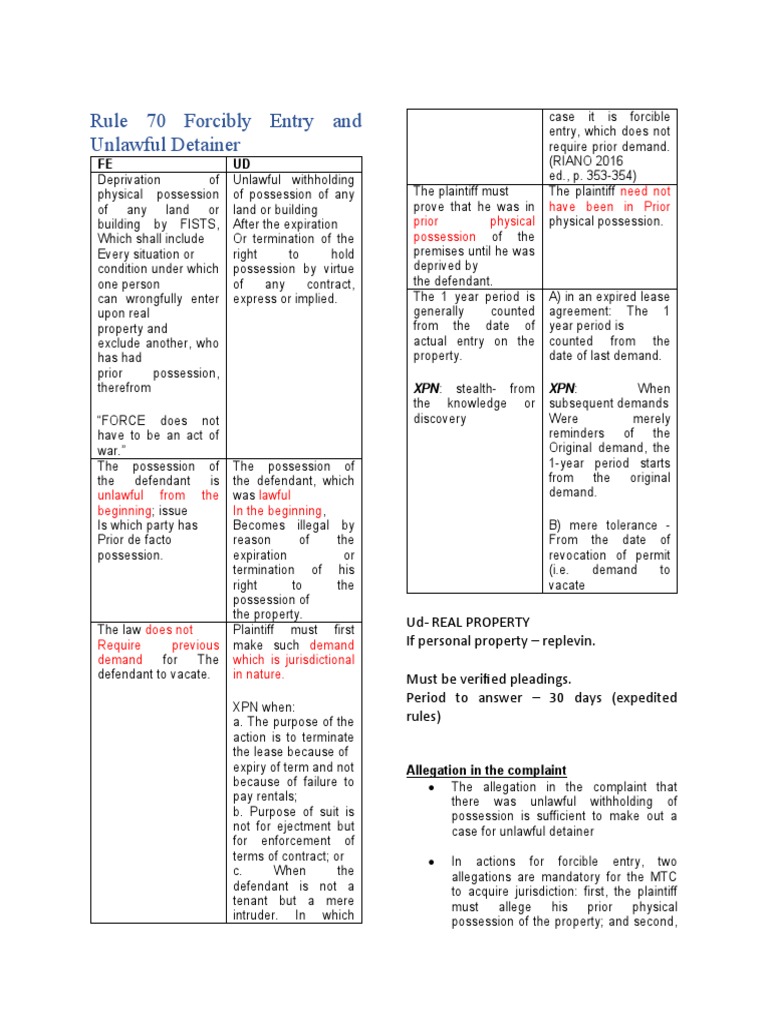 Rule 70 Forcibly Entry and Unlawful Detainer: Jurisprudential ...
