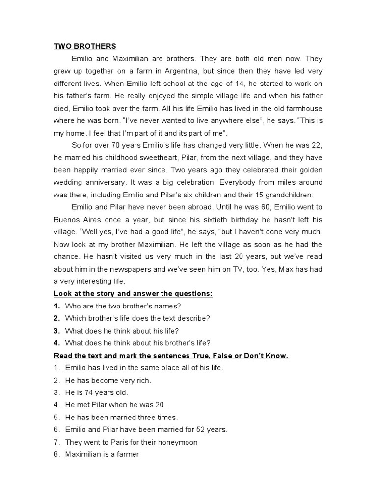 Two Brothers Reading Comprehension Exercises | PDF