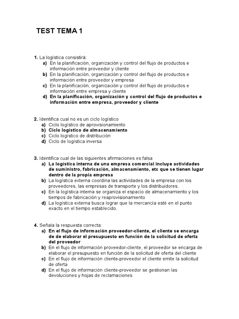 Test Tema 1 | PDF | Logística | Obtención