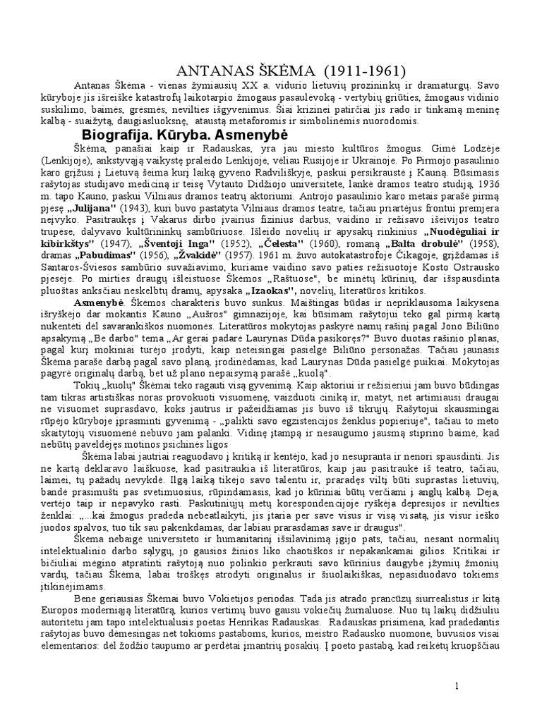 Antanas Skema Biografija Kuryba Romanas Balta Drobule | PDF