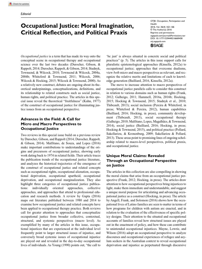 Occupational Justice: Moral Imagination, Critical Reflection, and ...
