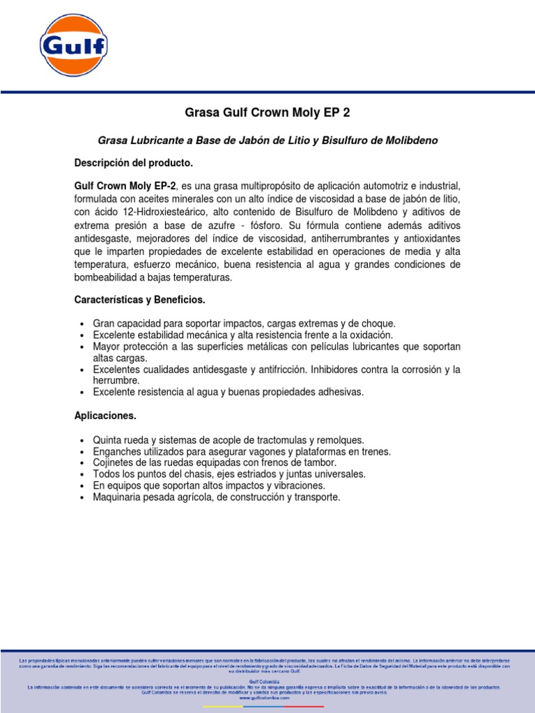 Grasa Gulf Crown Moly EP 2: Lubricante Industrial | PDF