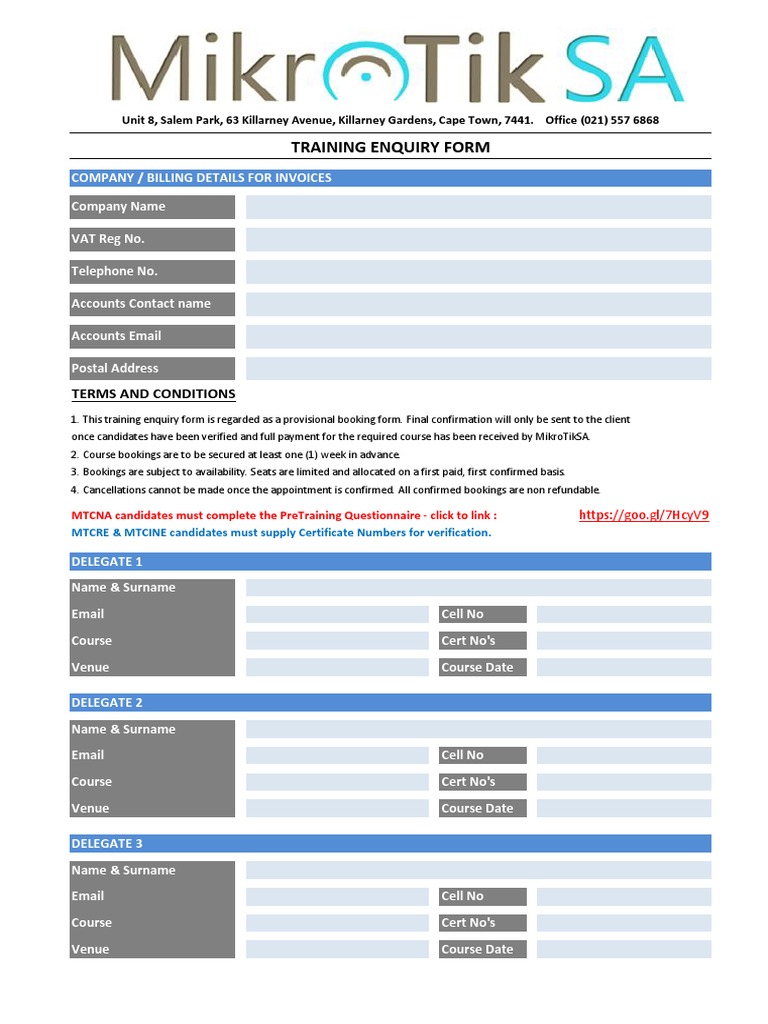 Training Enquiry Form MTZA | PDF