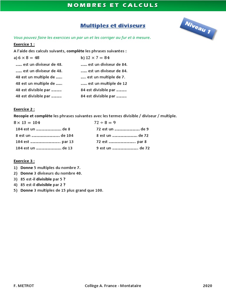 6eme Multiples Diviseurs Fiche1 | PDF