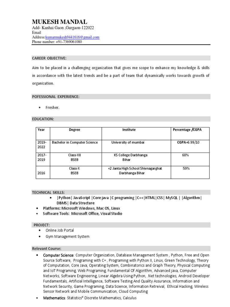 Mukesh Mandal Resume GK | PDF