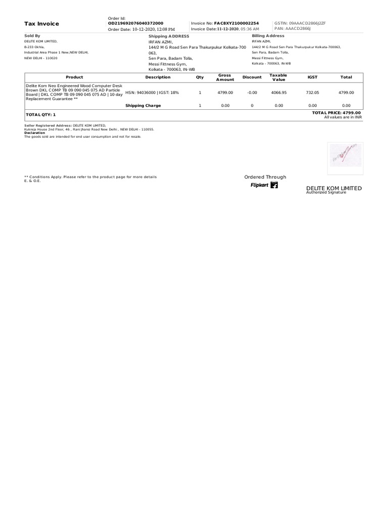 Table Bill Flipkart | PDF | Trade | Public Law
