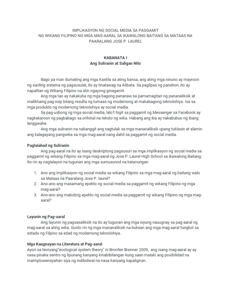 Implikasyon NG Social Media Sa Paggamit NG Wikang Filipino NG Mga Mag ...