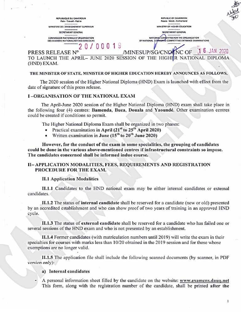 HND Cameroun Session 2020 | PDF