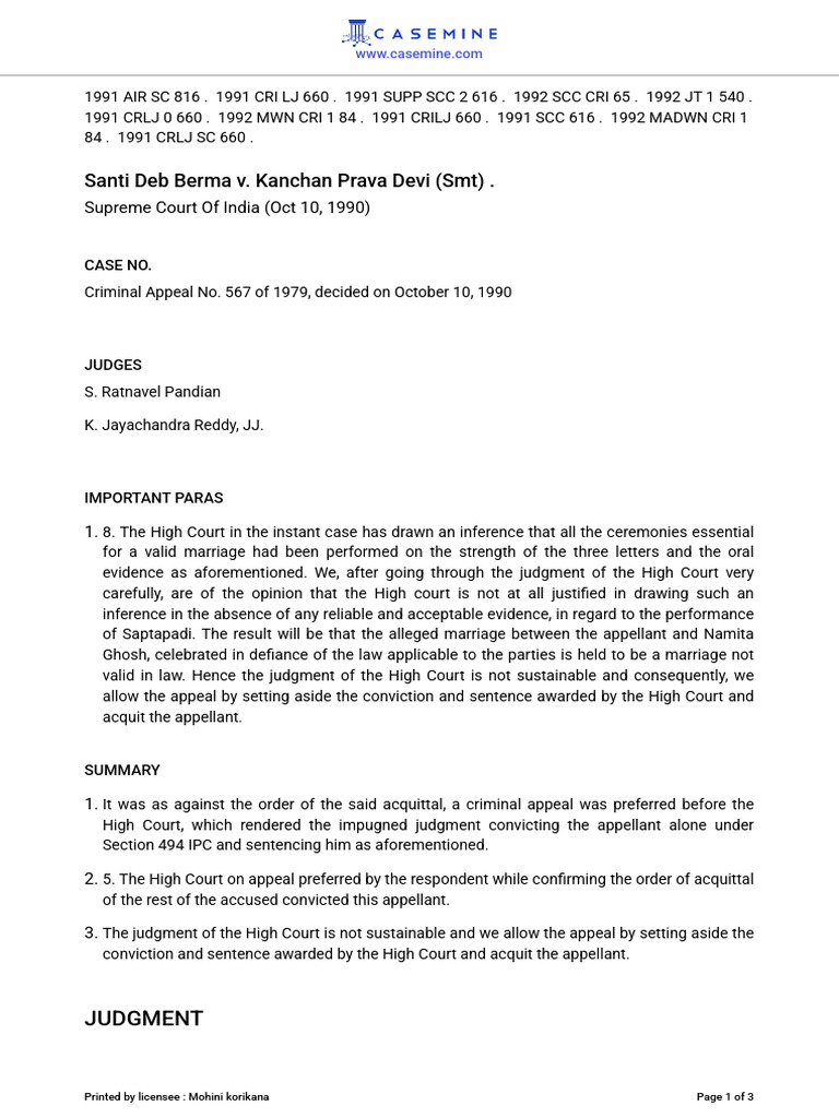Santi Deb Berma Vs Kanchan Prava Devi On 10 Oct 1990 CM Ver | PDF | Acquittal | Judgment (Law)