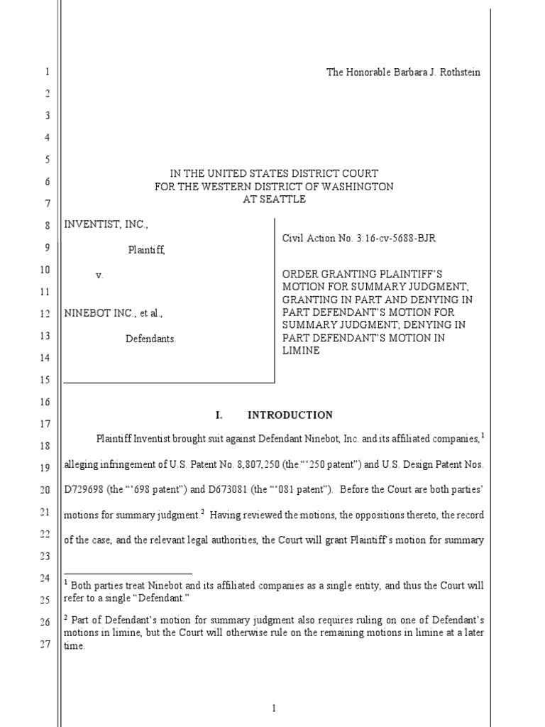 Inventist v. Ninebot - Order On SJ | PDF | Patent Infringement | Patent