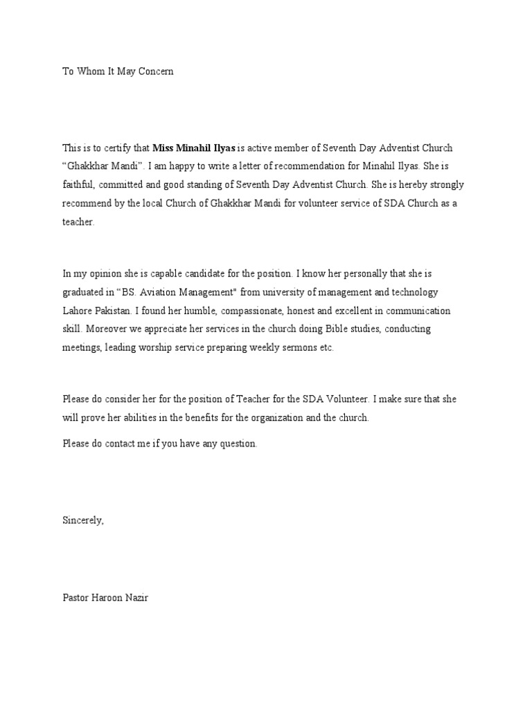 Letter of Recommendation for Minahil Ilyas for a Teaching Position with ...