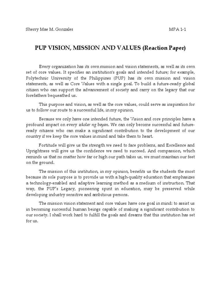 PUP Vision and Mission Reaction Paper | PDF
