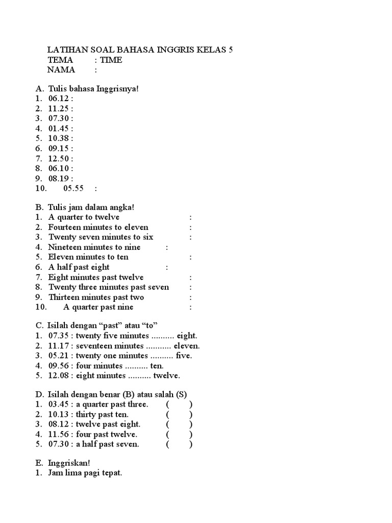 Latihan Soal Bahasa Inggris Kelas 5 | PDF | Seni & Disiplin Bahasa