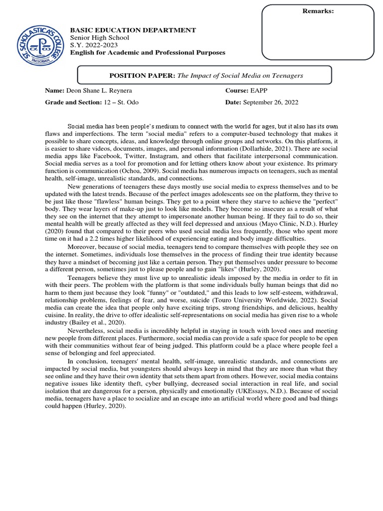 The Impact of Social Media On Teenagers Position Paper | PDF The Impact of Social Media On Teenagers Position Paper | PDF