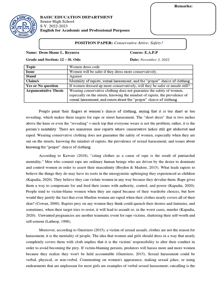 "Conservative Attire: Safety?" Position Paper | PDF | Rape | Sexual ...