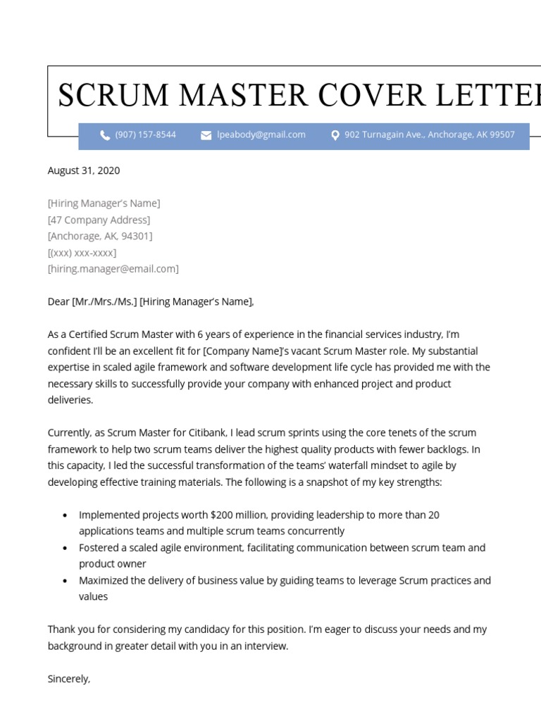 Scrum Master Cover Letter Example | PDF | Scrum (Software Development ...
