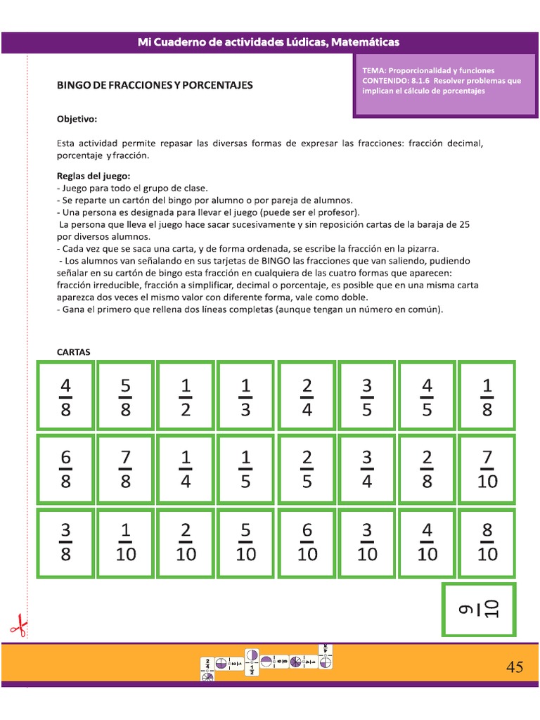 Bingo Fracciones, Decimal, Porcentaje | PDF