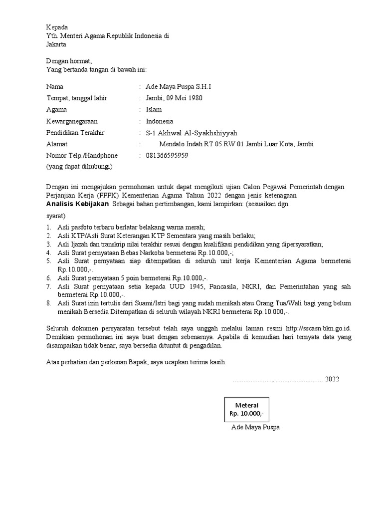 Contoh Surat Lamaran P3K | PDF