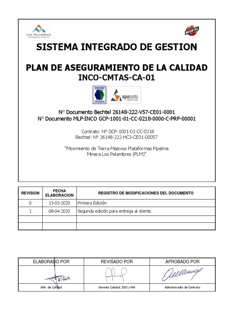 Inco-cmtas-CA-01 Plan Gestion de Calidad - Rev1. | PDF | Calidad (comercial) | Sistema de manejo ...
