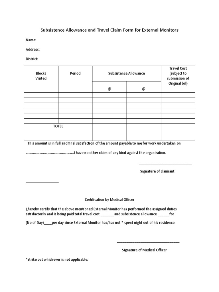 Subsistence Allowance and Travel Claim Form For External Monitors | PDF