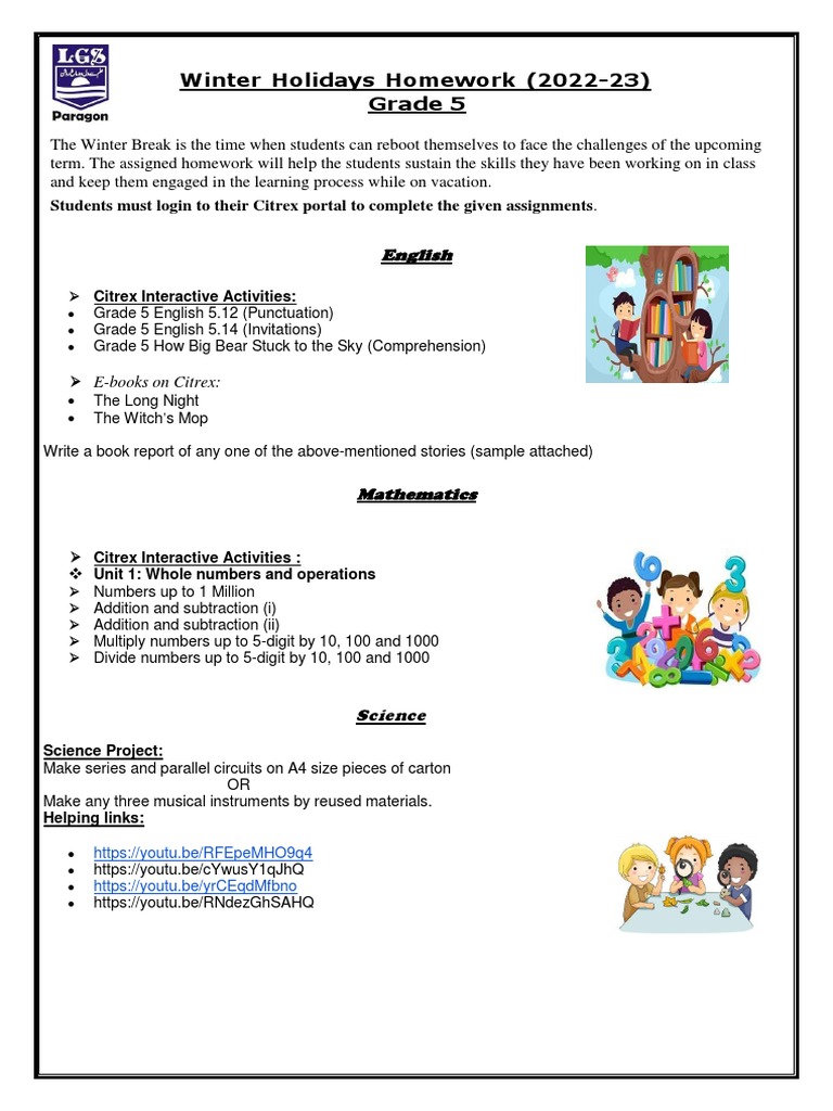 Grade 5 Winter Holidays Homework 2022-23 | PDF | Education Theory ...