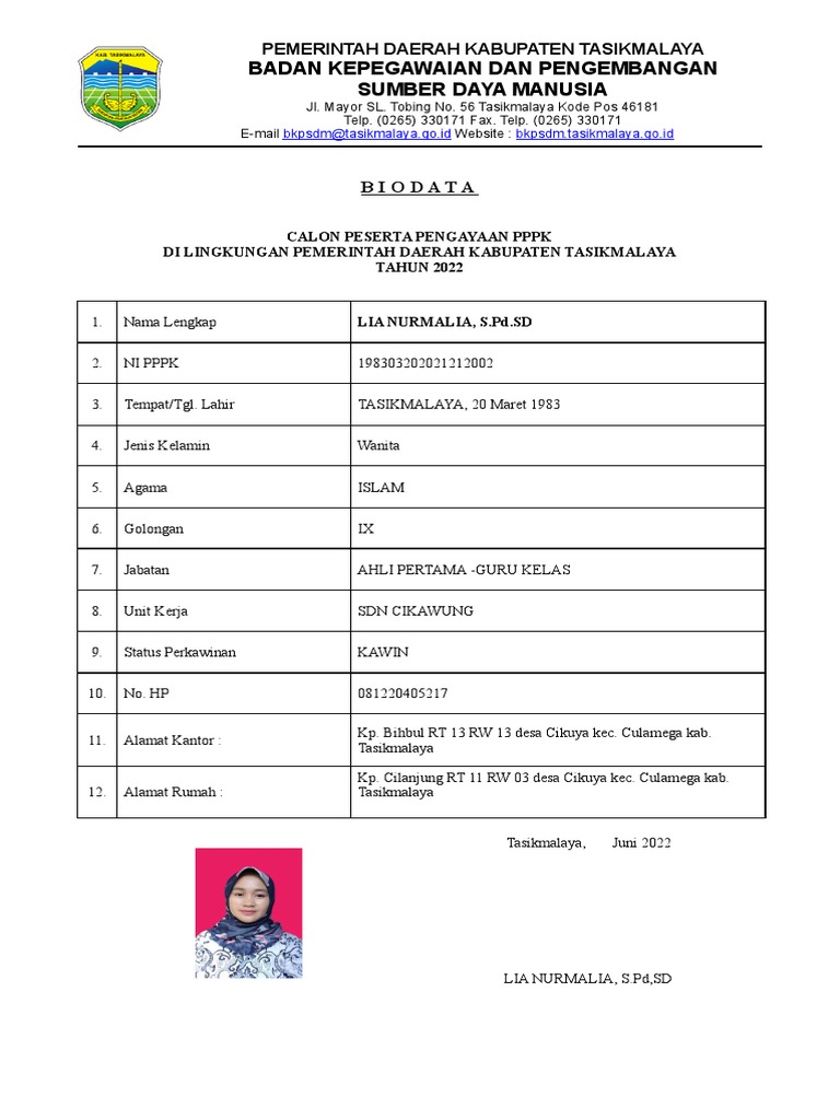 Biodata LIA NURMALIA, S (1) .PD - SD | PDF