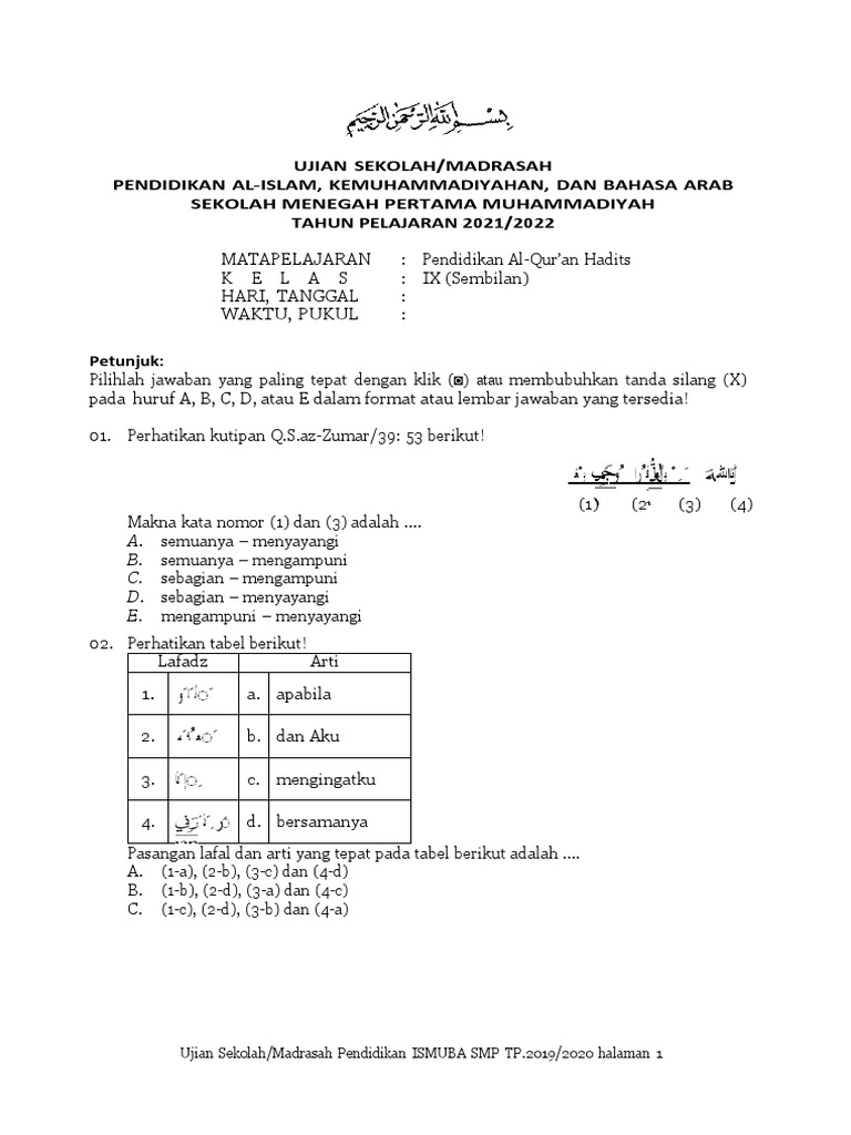 Soal Pendidikan Al Quran Hadits Smp 2022 Pdf