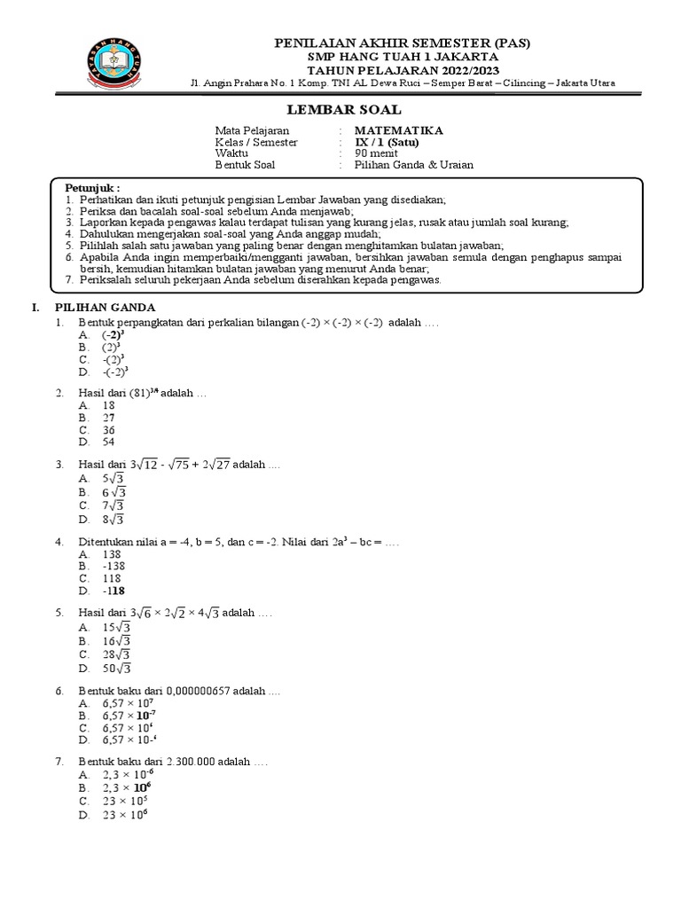 SOAL PAS MTK 9 - Ganjil 2022 | PDF