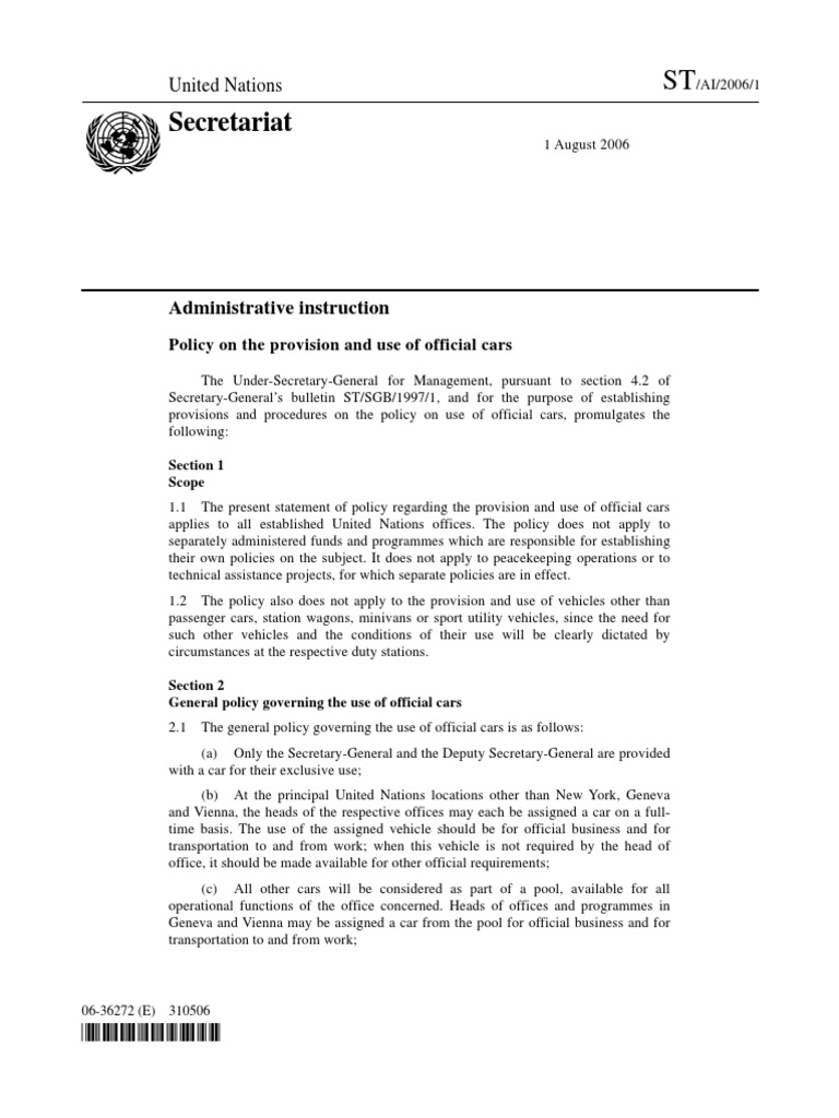 Policy on the Provision and Use of Official Vehicles at United Nations ...