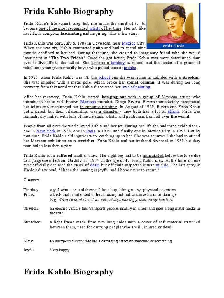 Frida Kahlo Biograph - Exercise | PDF | History