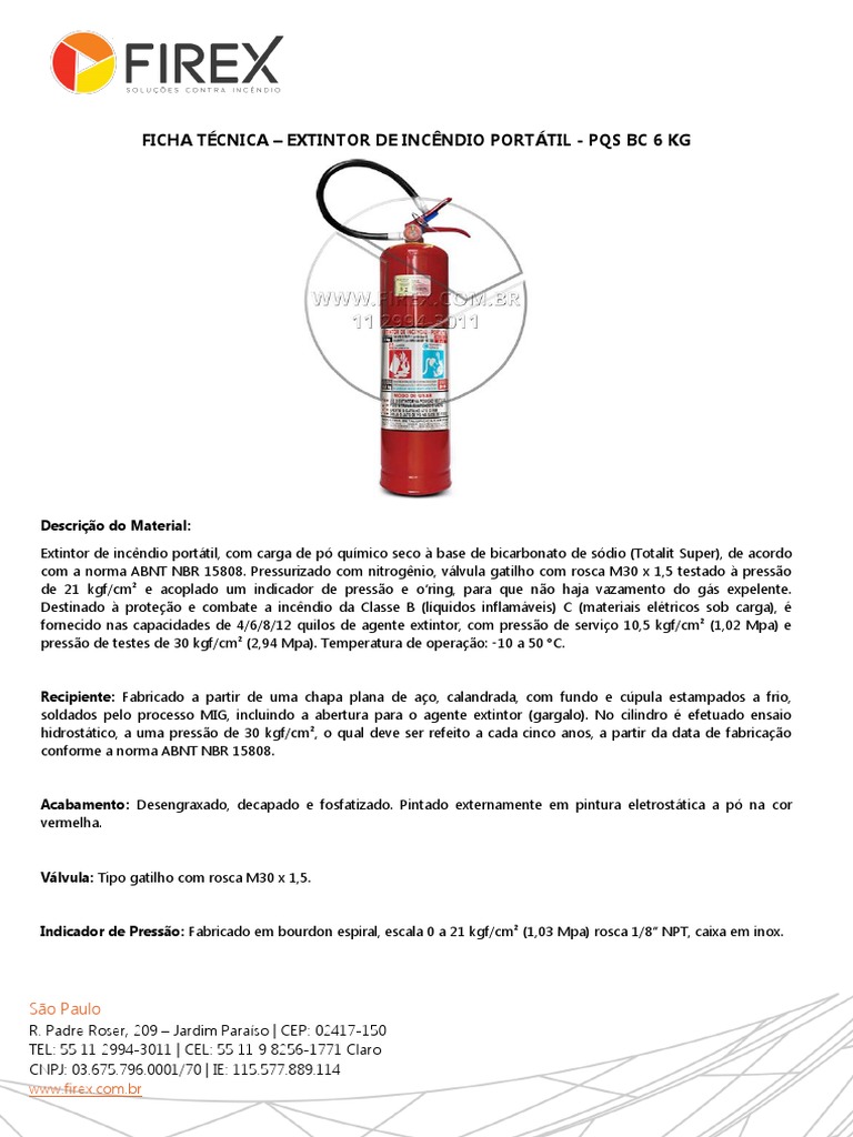 Ficha Tecnica - Extintor de Incendio Portatil - Pqs BC 6 KG - Id2090 | PDF | Tecnologia e Engenharia