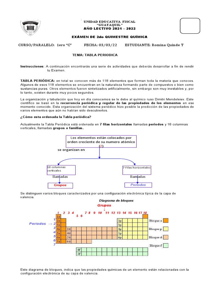 EXAMEN QUÍMICA PRIMERO 2021.2022 Romina Quinde | PDF | Tabla periódica ...