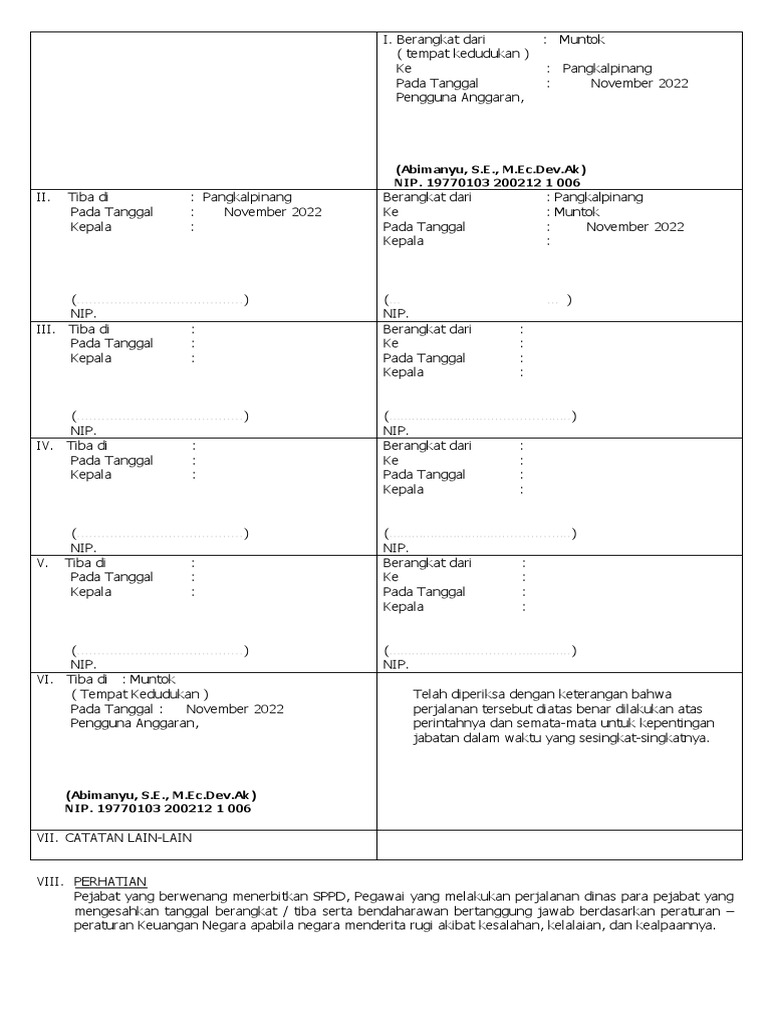 Contoh Pengisian SPPD Perjalanan Dinas | PDF