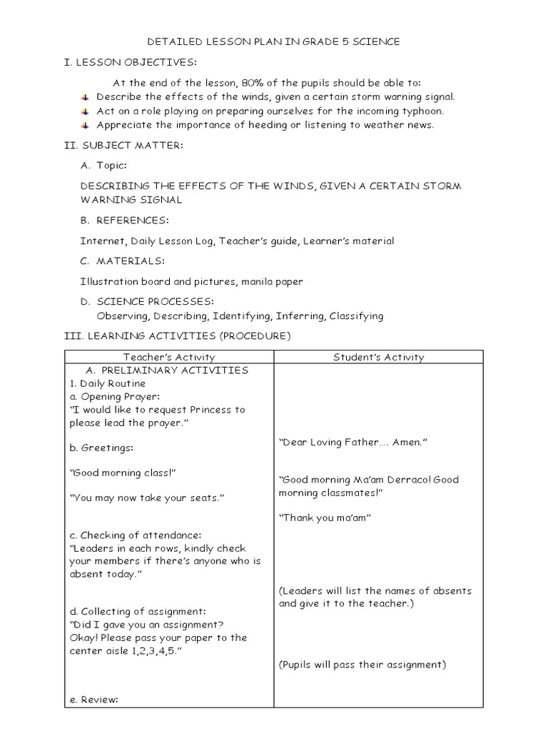 Detailed Lesson Plan in Grade 5 Science | PDF | Tropical Cyclones ...