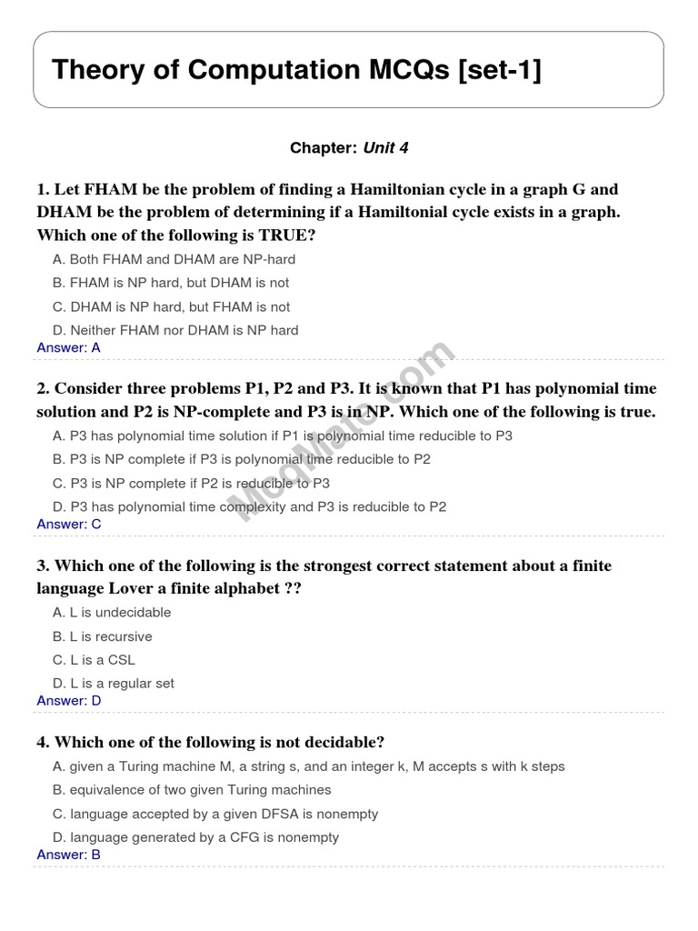 Theory of Computation (Chapter - Unit 4) Solved MCQs (Set-1) | PDF | Time Complexity | Computer ...
