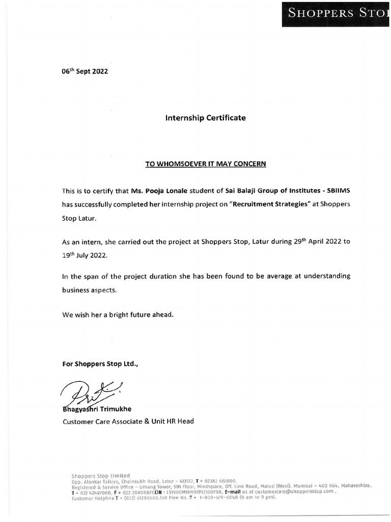 Pooja Lonale SIP Certificate | PDF