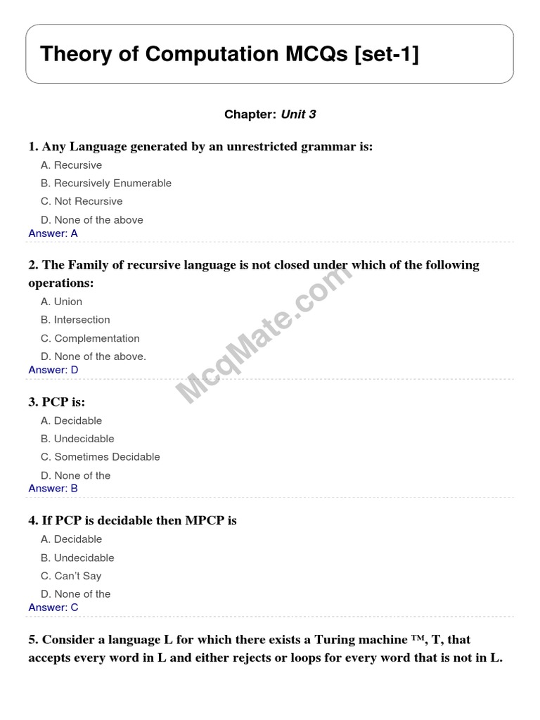 Theory of Computation (Chapter - Unit 3) Solved MCQs (Set-1) | PDF | Automata Theory | Theory Of ...