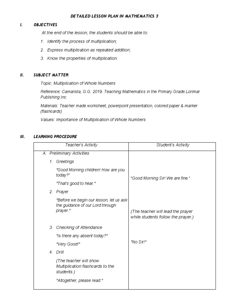 Detailed Lesson Plan in Mathematics | PDF | Teaching Methods & Materials