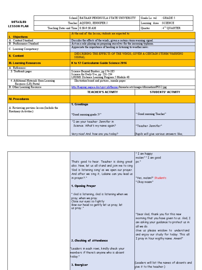 Grade 5 - DLP SCIENCE - AQUINO, JENNIFER J. | PDF | Tropical Cyclones | Storms