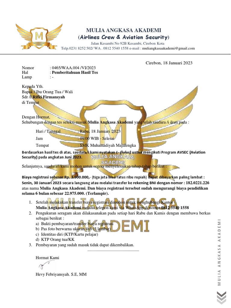 Surat Pemberitahuan Kelulusan | PDF