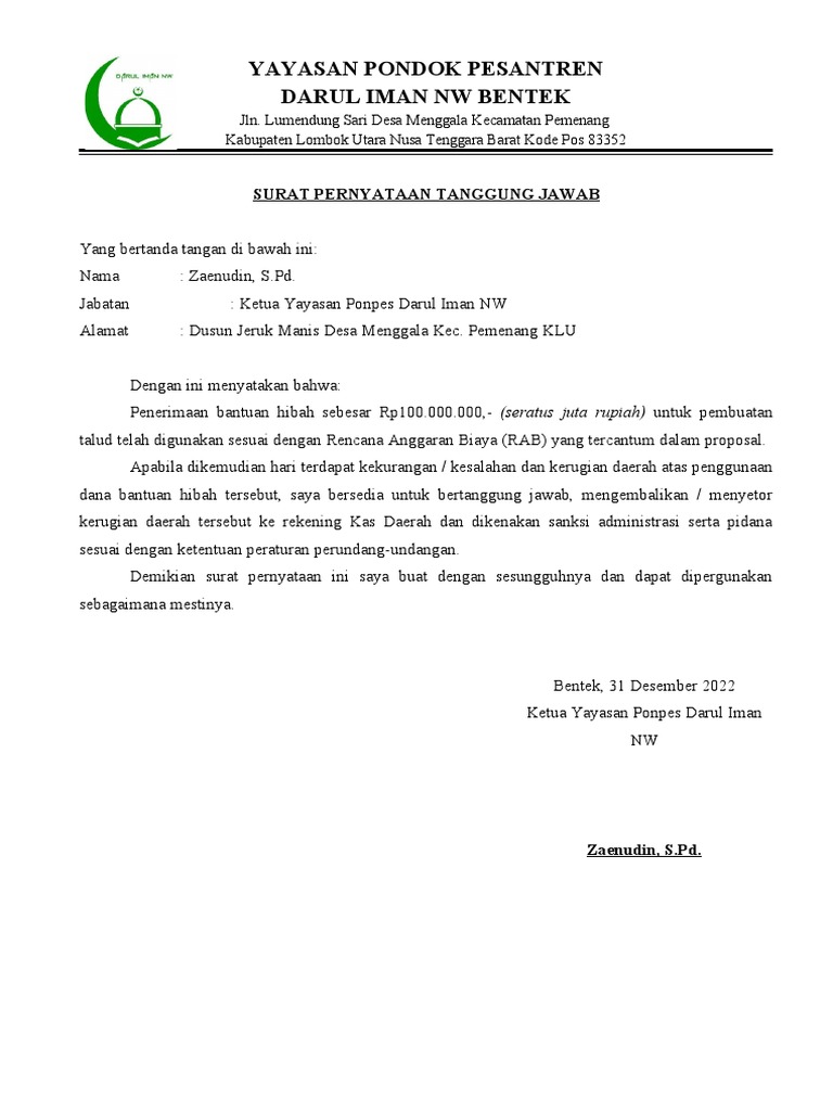 Surat Pertanggung Jawaban | PDF